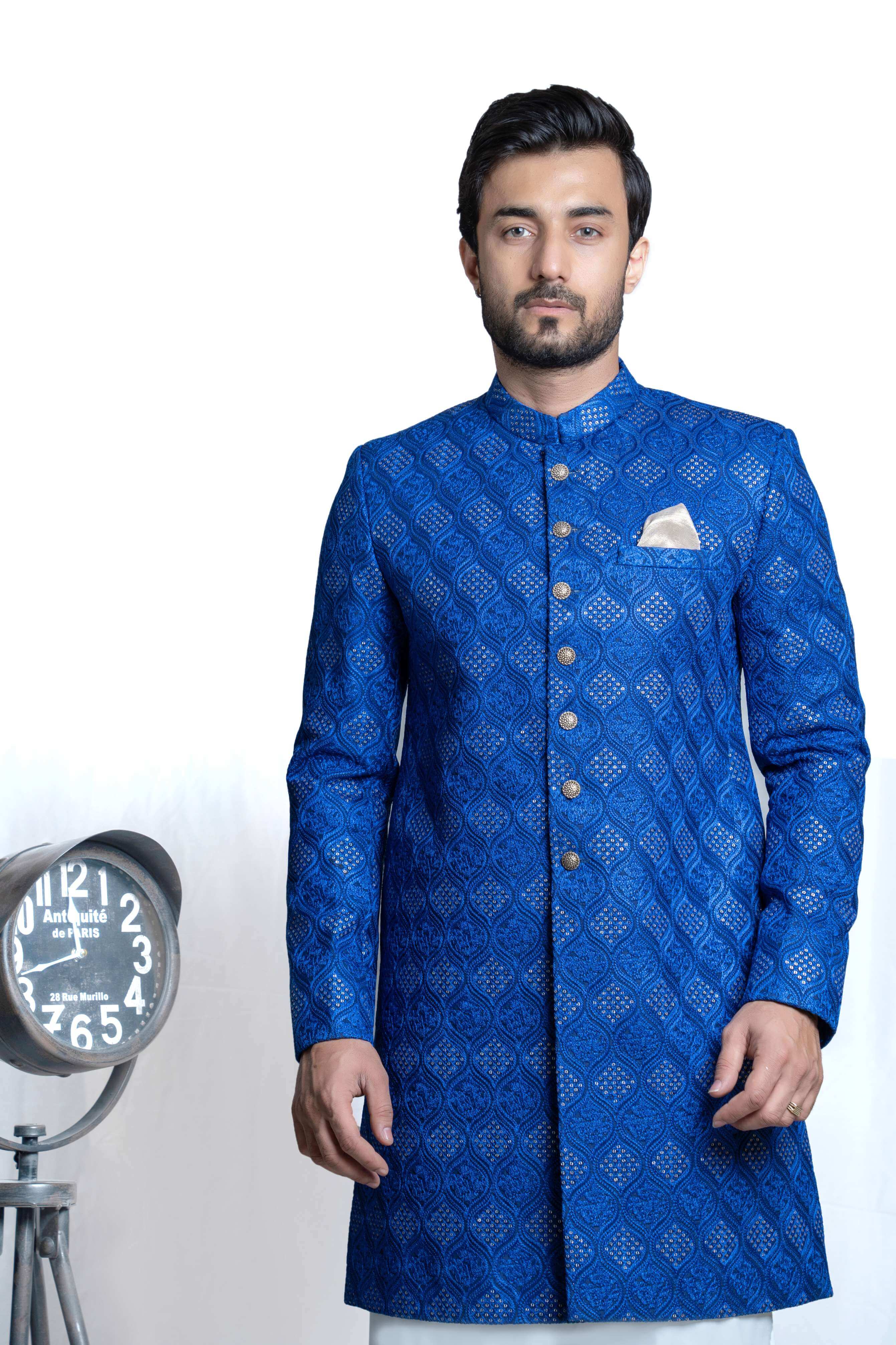 Royal Blue Gardens Short Sherwani with Handcrafted Sequins – UY Collection