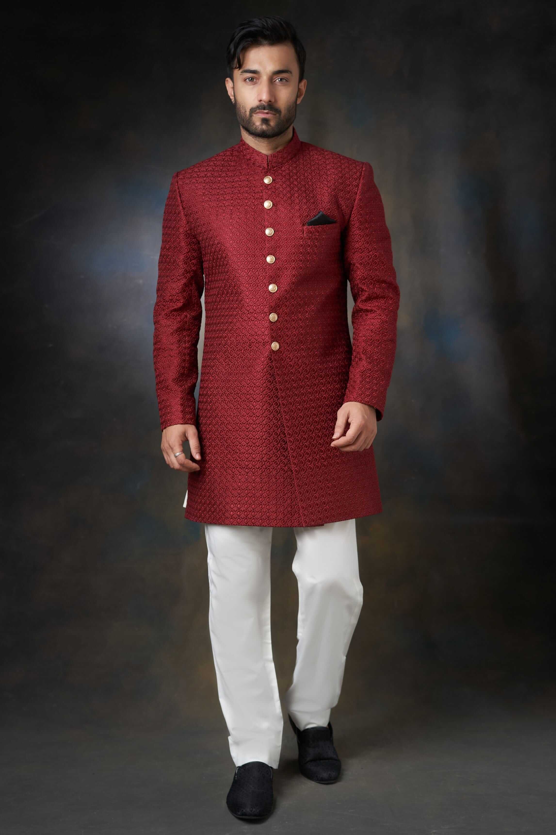 Deep Maroon Short Length Embroidered Sherwani – UY Collection