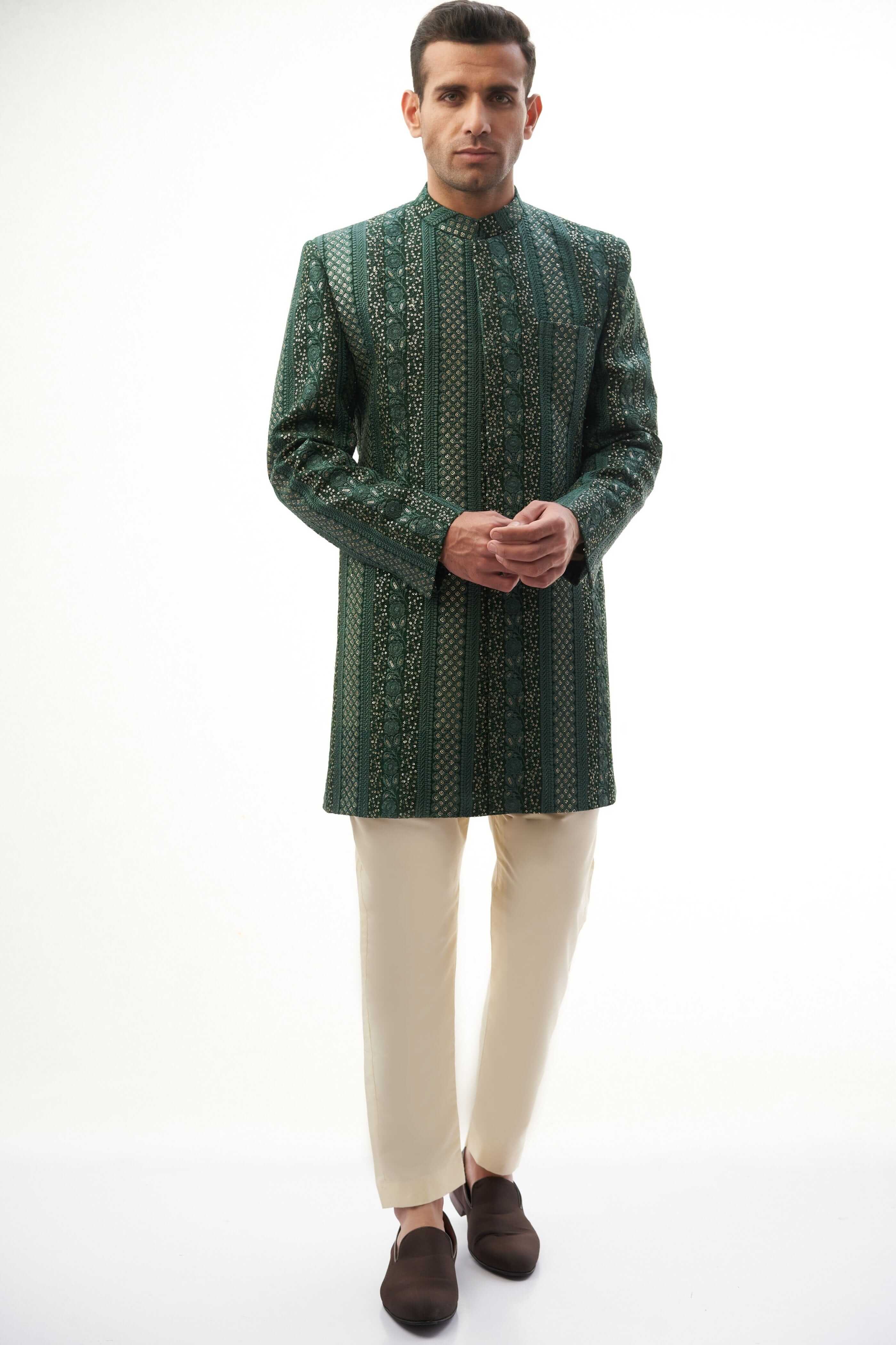 Emerald Green & Gold Short-Length Sherwani with Sequins – UY Collection