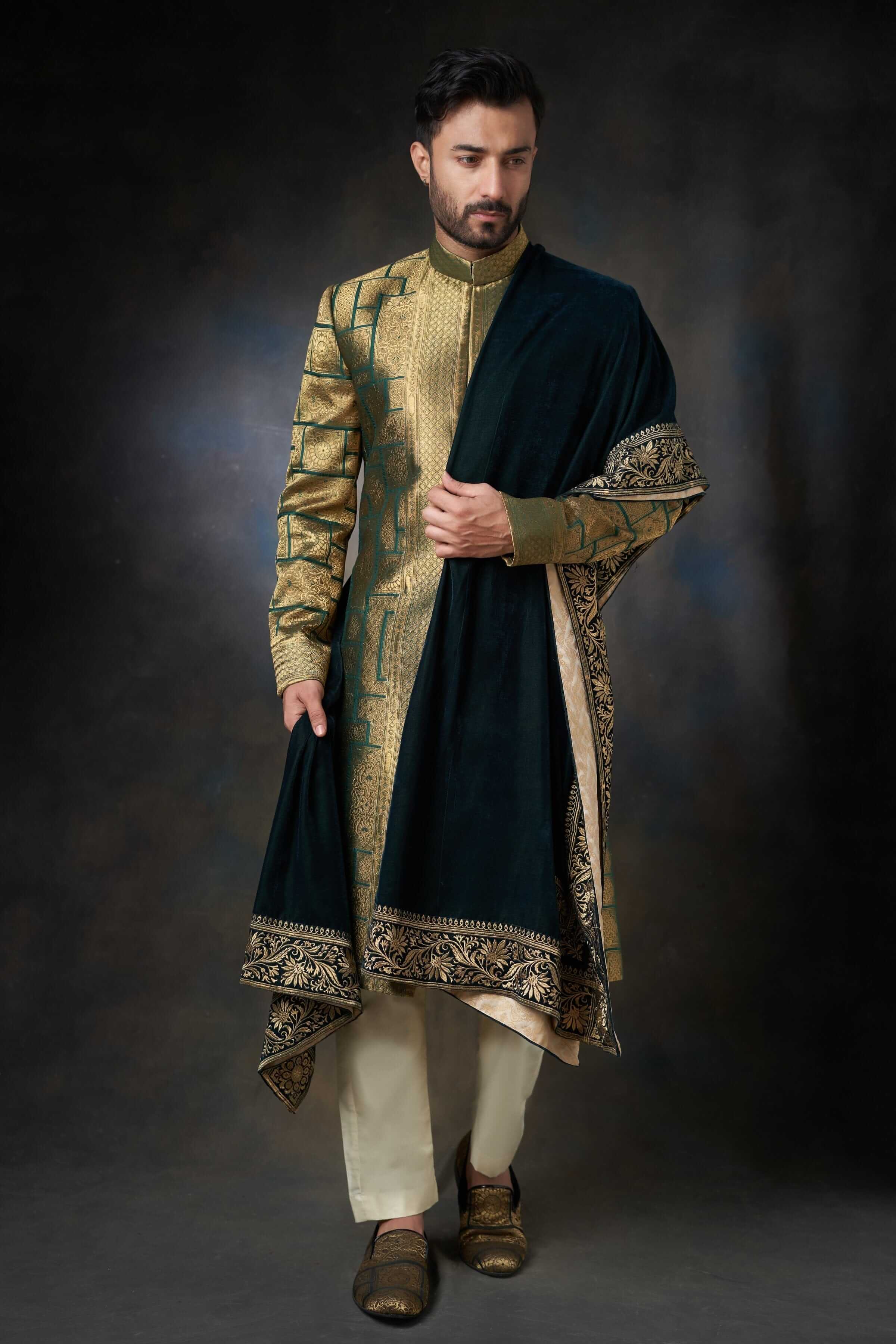 Emerald Green Sherwani with Velvet Shawl - Silk and Zari Handcrafted ...