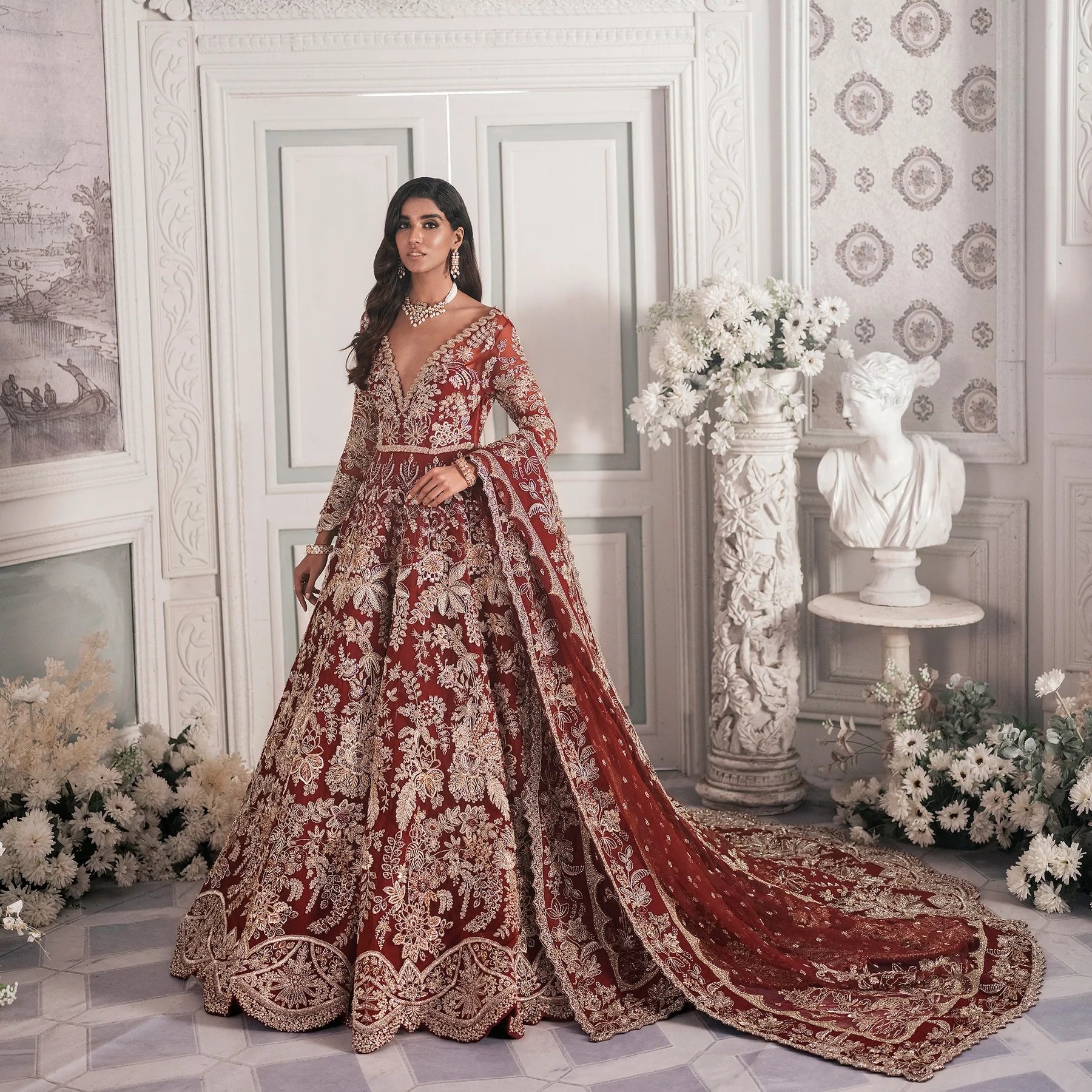 Maroon And Red Lehenga Maxi Dress Pakistani Bridal Wear UY Collection Maroon And Red Lehenga Maxi Dress Pakistani Bridal Wear UY Collection